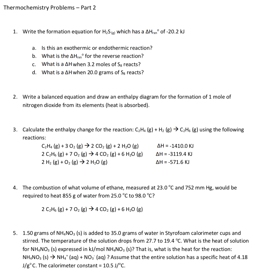 Solved Thermochemistry Problems - Part 2 1. Write the | Chegg.com