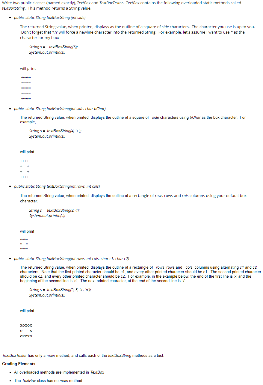 Solved Write two public classes (named exactly), TextBox and | Chegg.com