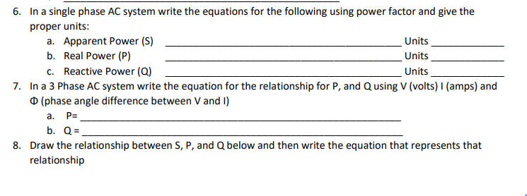 Solved 6. In a single phase AC system write the equations | Chegg.com