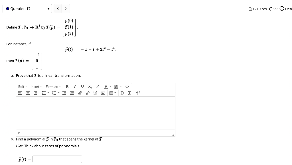 Solved Define T:P3→R3 by T(p)=⎣⎡p(0)p(1)p(2)⎦⎤ For instance, | Chegg.com