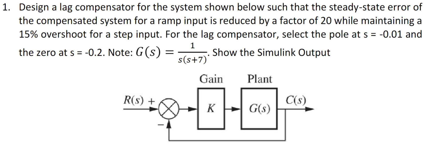 Solved 1. Design a lag compensator for the system shown | Chegg.com