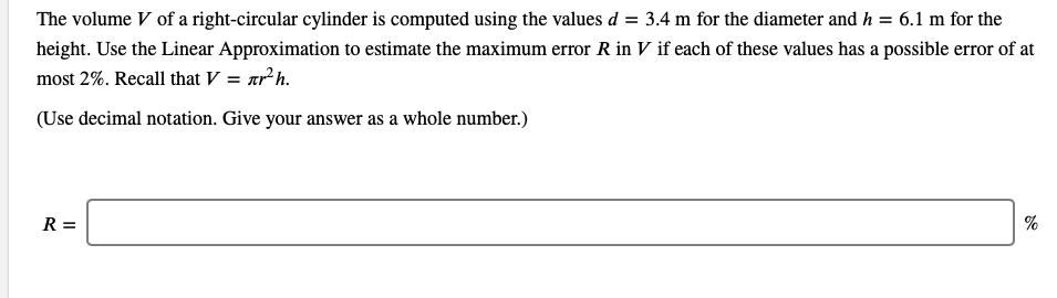 Solved AV The volume of a cylinder of radius r and height h | Chegg.com