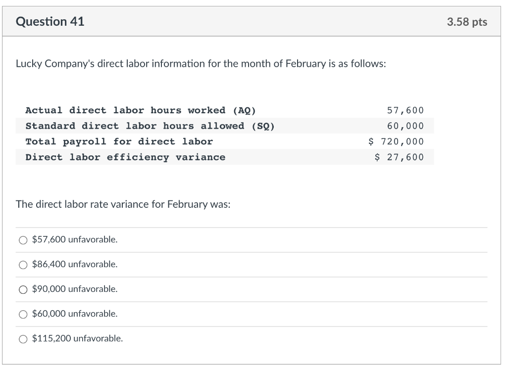Solved Lucky Company's direct labor information for the | Chegg.com