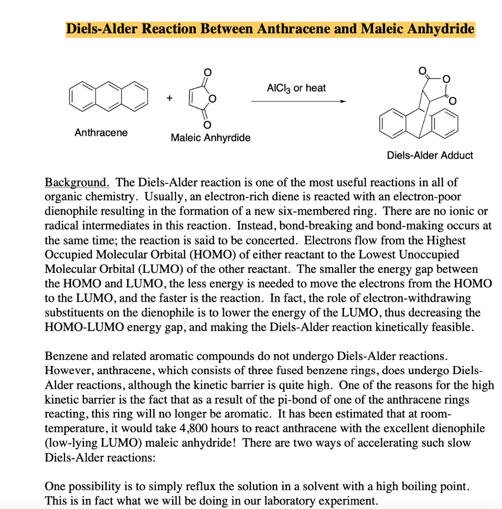 Solved Diels-Alder Reaction Between Anthracene and Maleic | Chegg.com