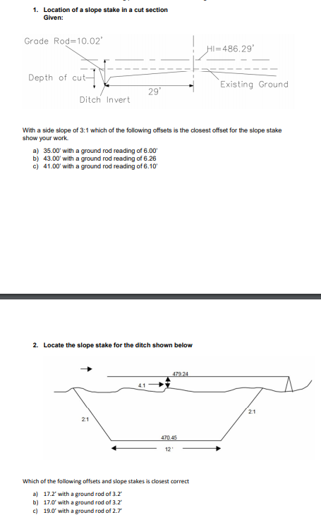 1. Location of a slope stake in a cut section Given: | Chegg.com