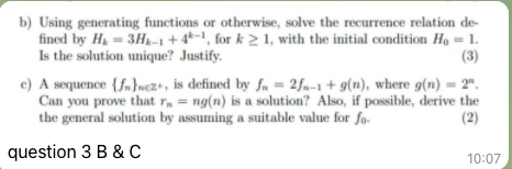 Solved b) Using generating functions or otherwise, solve the | Chegg.com