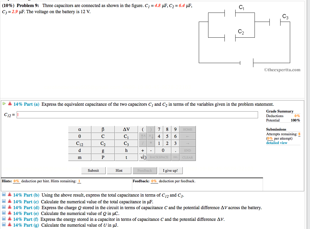 Solved (10%) Problem 9: Three capacitors are connected as | Chegg.com