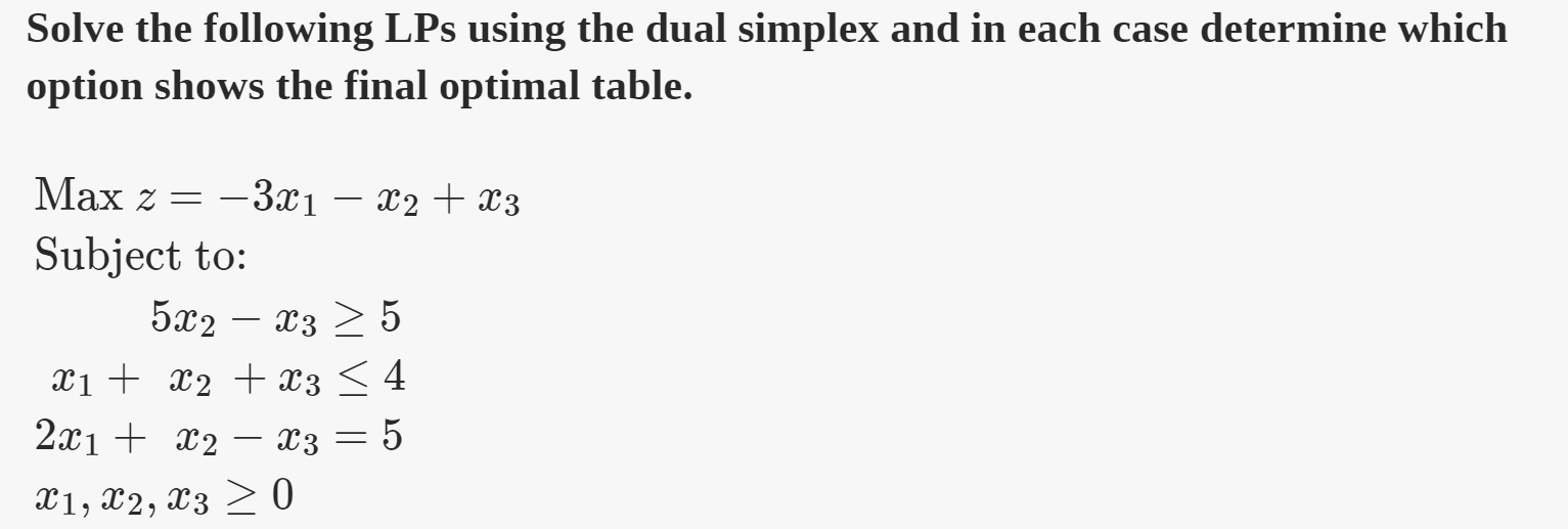 Solved Solve the following LPs using the dual simplex and in | Chegg.com