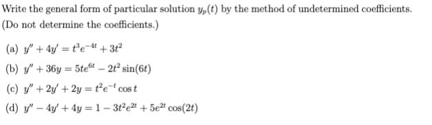 Solved Write the general form of particular solution y(t) by | Chegg.com