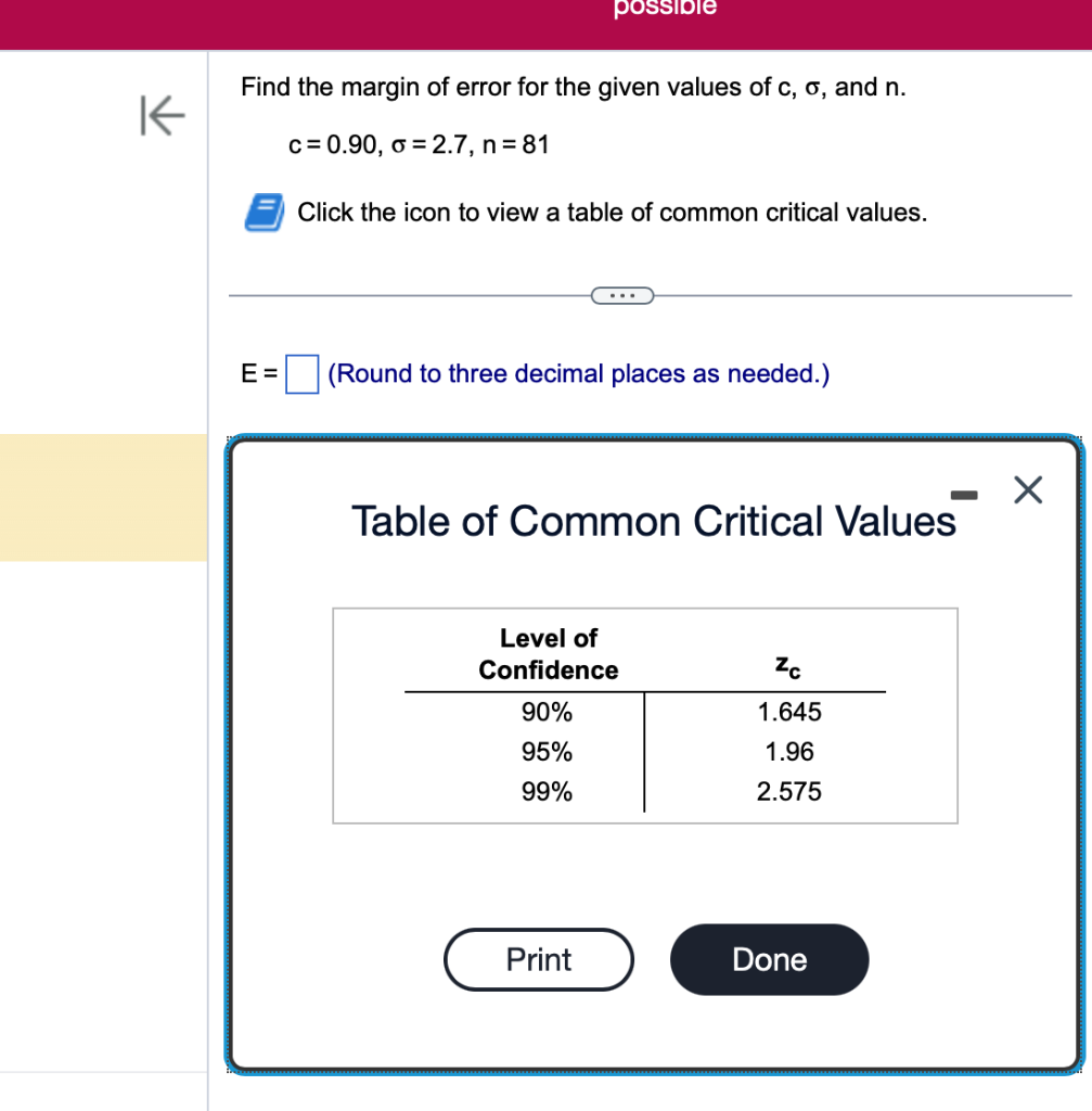 Solved Find the margin of error for the given values of c,σ, | Chegg.com