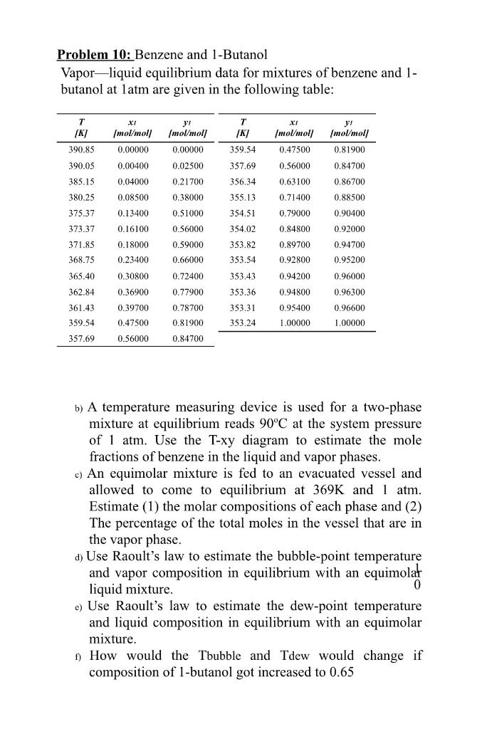 Solved Problem 10: Benzene and 1-Butanol Vapor-liquid | Chegg.com