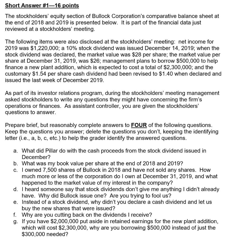 Solved Short Answer #1—16 points The stockholders' equity | Chegg.com