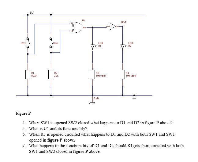 Solved OV U1 NOT SW1 SW 2 LED D1 ķ f LED D2 Ri P22K P2 22K | Chegg.com