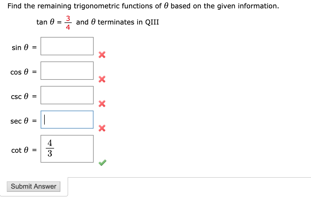 Solved Find the remaining trigonometric functions of θ based | Chegg.com
