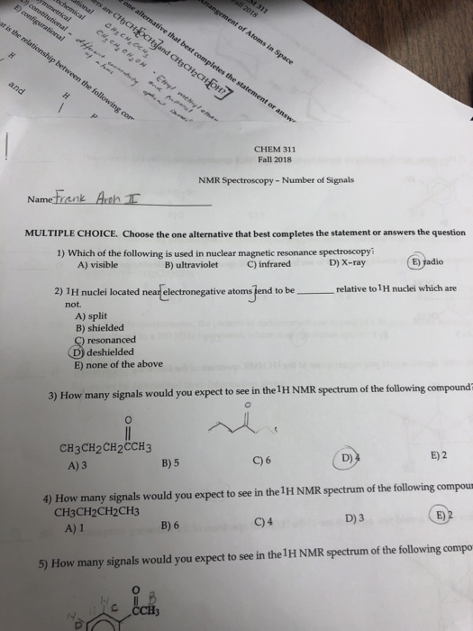 Solved CHEM 311 Fall 2018 NMR Spectroscopy- Number of | Chegg.com