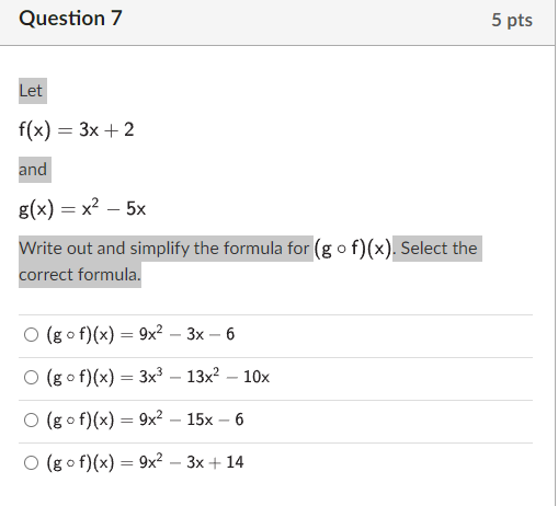 Solved Let f(x)=3x+2 g(x)=x2−5x Write out and simplify the | Chegg.com