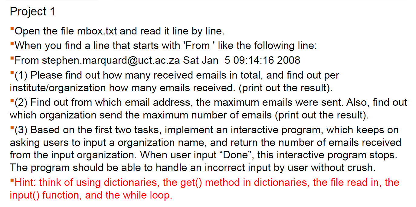Solved Project 1 -Open the file mbox.txt and read it line by | Chegg.com