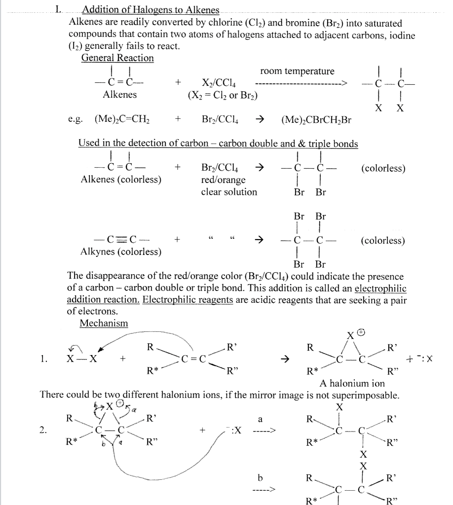 I. Addition of Halogens to Alkenes Alkenes are | Chegg.com
