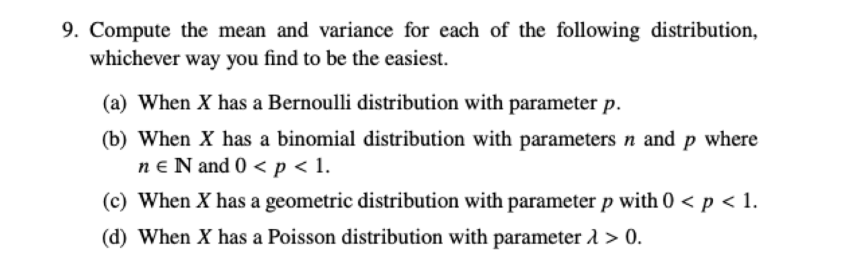 Solved 9. Compute the mean and variance for each of the | Chegg.com