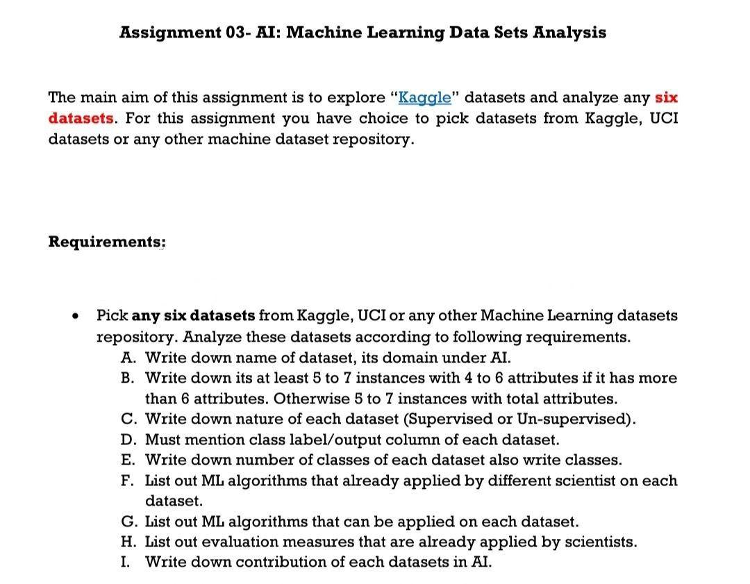Solved Assignment 03- AI: Machine Learning Data Sets | Chegg.com