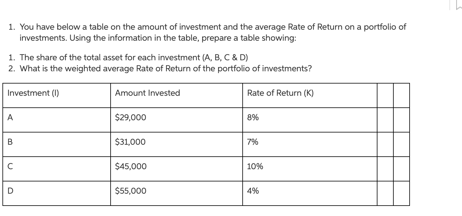 Solved 1. You have below a table on the amount of investment | Chegg.com