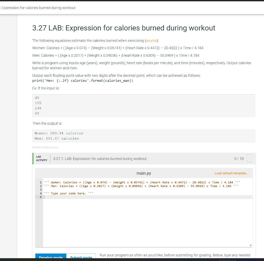 Solved Expression For Calories Burned During Workout 3.27 
