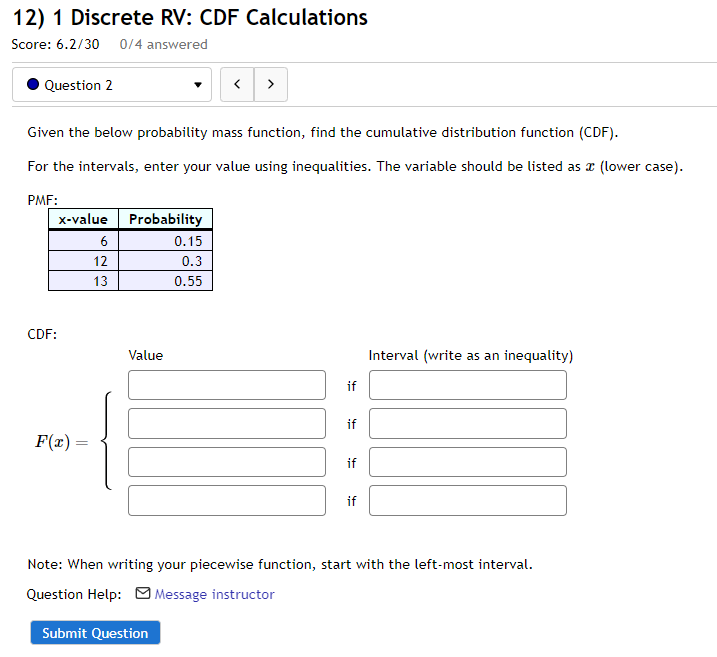 Solved 12) 1 Discrete RV: CDF Calculations Score: 6.2/300/4 | Chegg.com