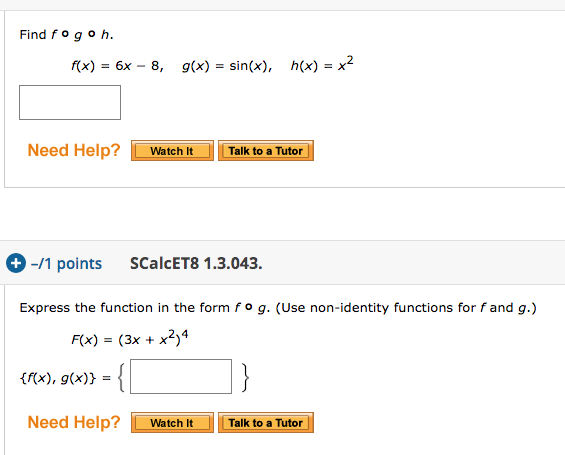 Solved Find fogon. f(x) = 6x - 8, g(x) = sin(x), h(x) = x2 | Chegg.com