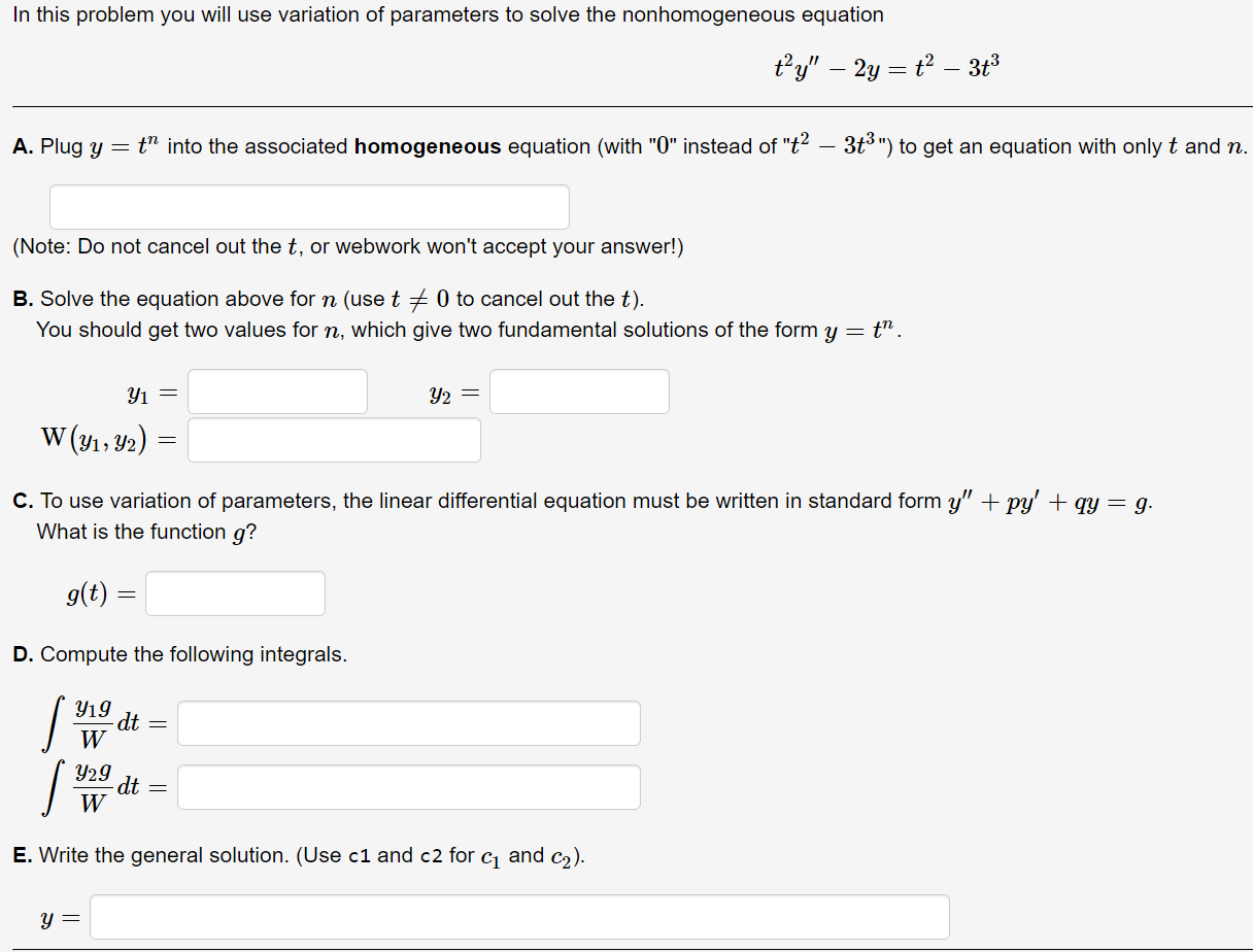 Solved t2y′′−2y=t2−3t3 A. Plug y=tn into the associated | Chegg.com