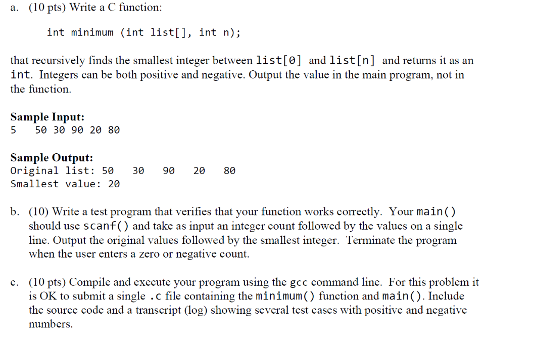 Solved a. (10 pts) Write a C function: int minimum (int | Chegg.com