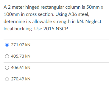 Solved A 2 meter hinged rectangular column is 50 mmx 100 mm | Chegg.com
