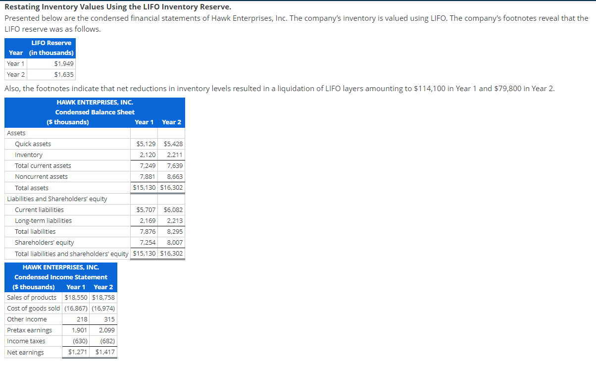 Solved Restating Inventory Values Using the LIFO Inventory | Chegg.com
