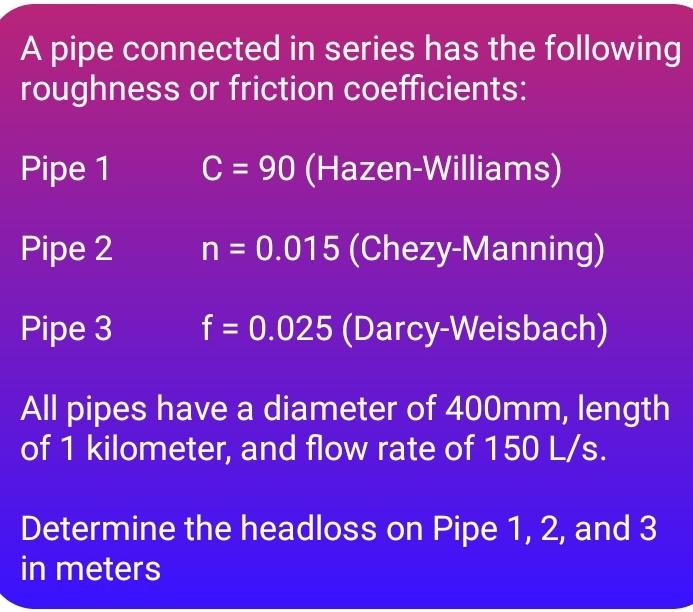 Solved A pipe connected in series has the following | Chegg.com