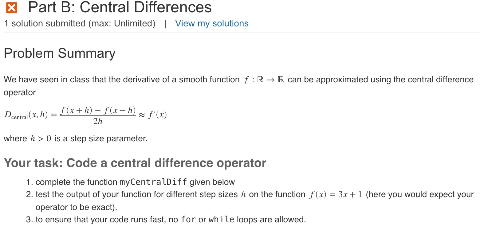 Solved x Part B: Central Differences 1 solution submitted | Chegg.com