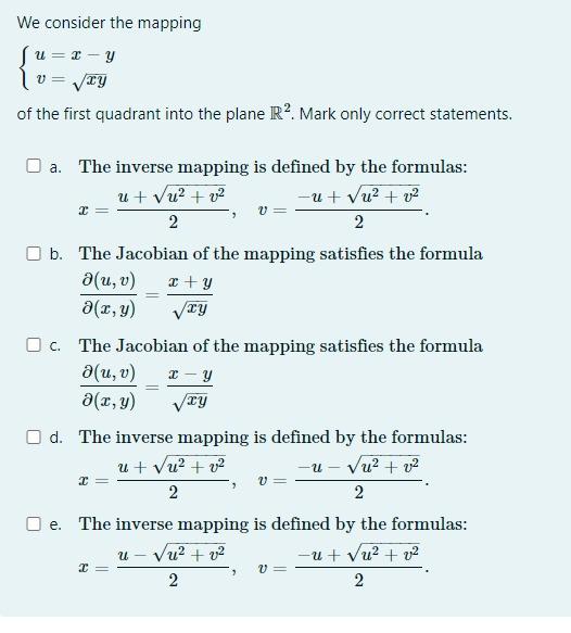 Solved We consider the mapping u = x | Chegg.com