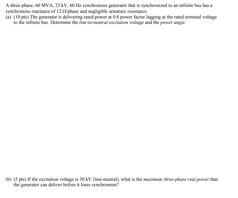 Solved A three-phase, 60 MVA, 23 kV, 60 Hz synchronous | Chegg.com