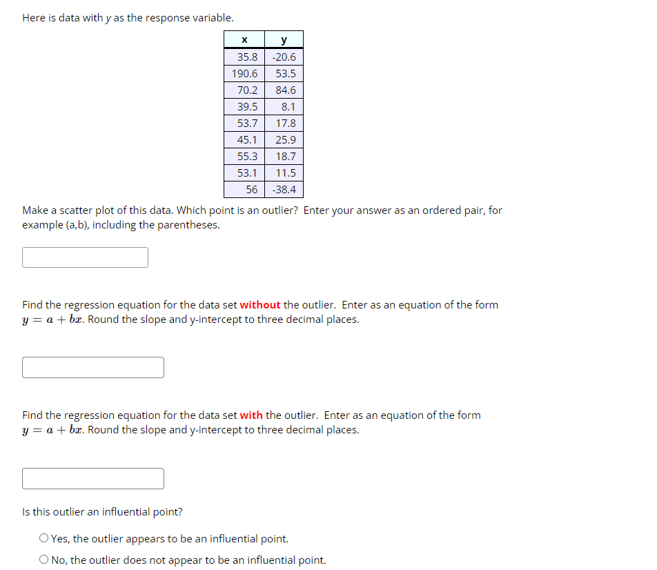 Solved Here is data with y as the response variable. Make a | Chegg.com