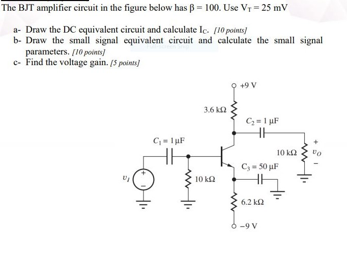 Solved The BJT amplifier circuit in the figure below has B = | Chegg.com