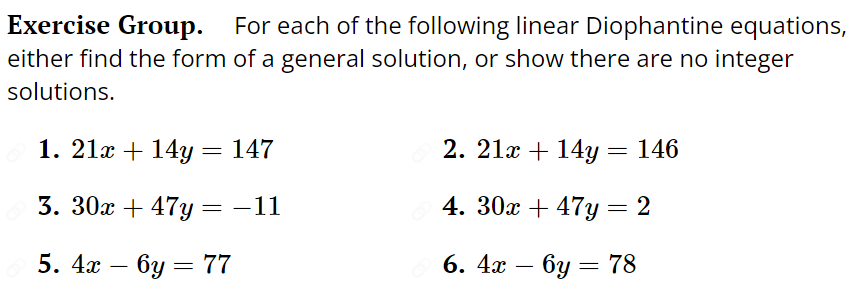 Solved For each of the following linear Diophantine | Chegg.com