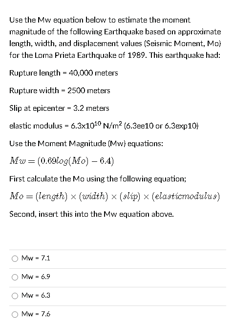 Solved Use the Mw equation below to estimate the moment | Chegg.com