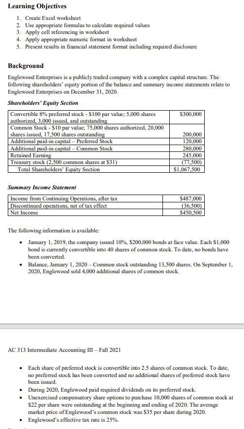 Learning Objectives 1. Create Excel worksheet 2. Use | Chegg.com