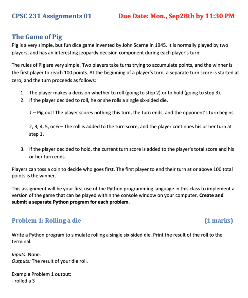 CPSC 231 Assignments 01 Due Date: Mon., Sep 28th by | Chegg.com