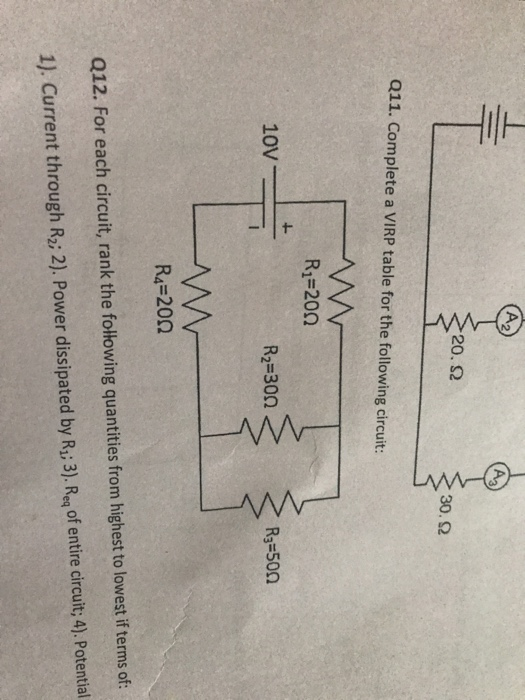 Solved 2 20. Ω 30. Ω Q11. Complete a VIRP table for the | Chegg.com