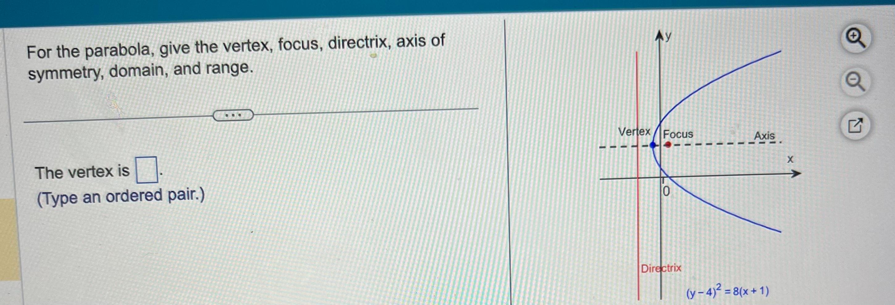 Solved For the parabola, give the vertex, focus, directrix, | Chegg.com