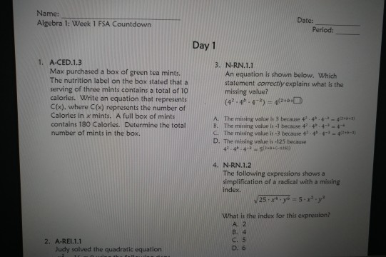 Solved Name: Date: Algebra 1: Weok 1 FSA Countdown Period: | Chegg.com