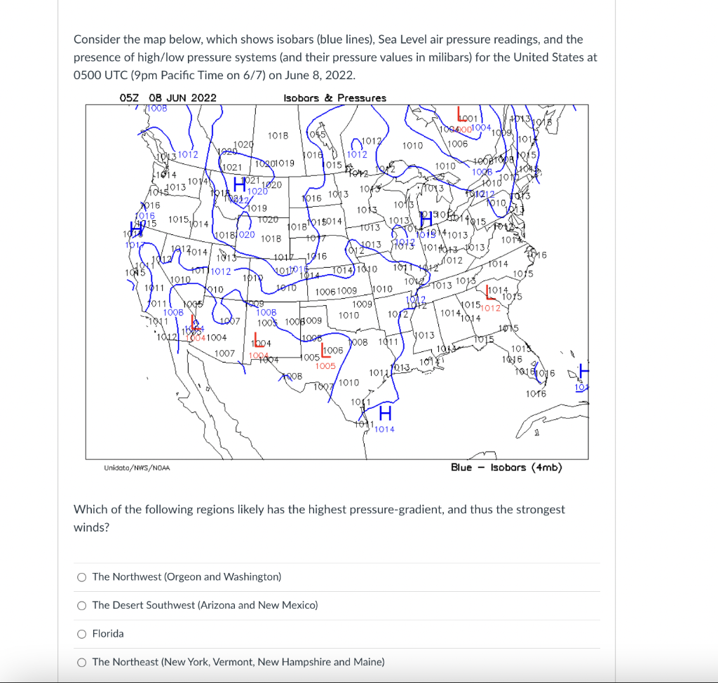 Solved Consider the map below, which shows isobars (blue | Chegg.com