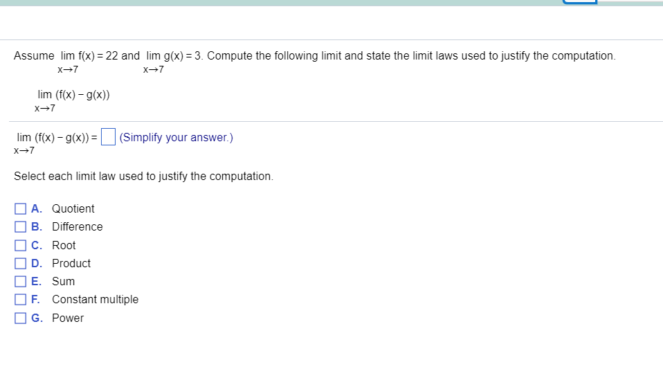 Solved Assume lim f(x) - 22 and lim g(x)-3. Compute the | Chegg.com