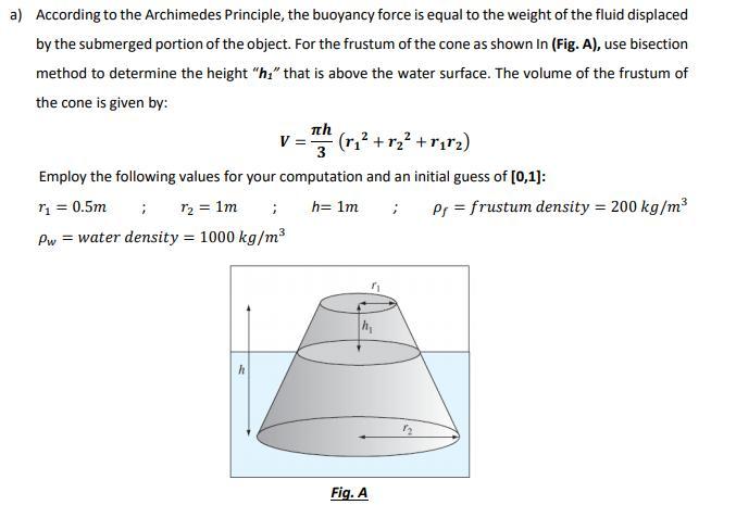 Solved a) According to the Archimedes Principle, the | Chegg.com