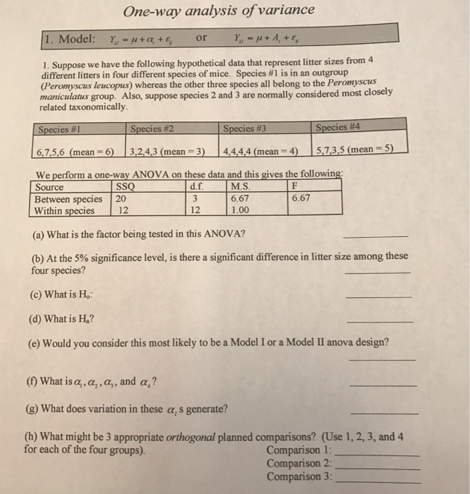 Solved One-way analysis of variance 1. Model tu a €, or Yu | Chegg.com