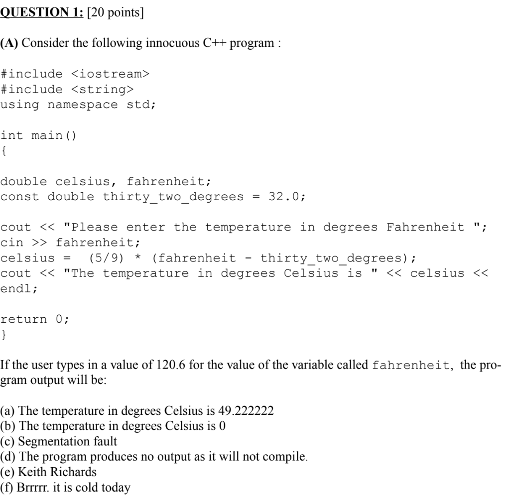 Solved QUESTION 1: [20 points] (A) Consider the following | Chegg.com